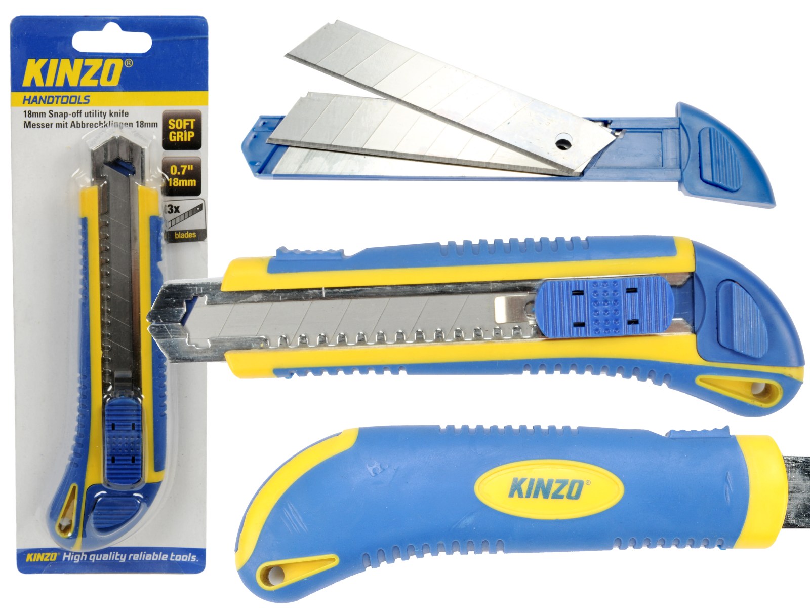 KINZO Cuttermesser 18mm mit Ersatzklingen, Soft Grip, Blister | Tollkühn